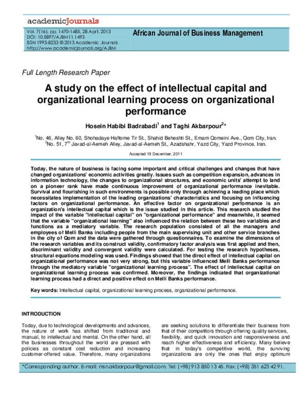 (PDF) African Journal of Business Management A study on the effect of intellectual capital and ...