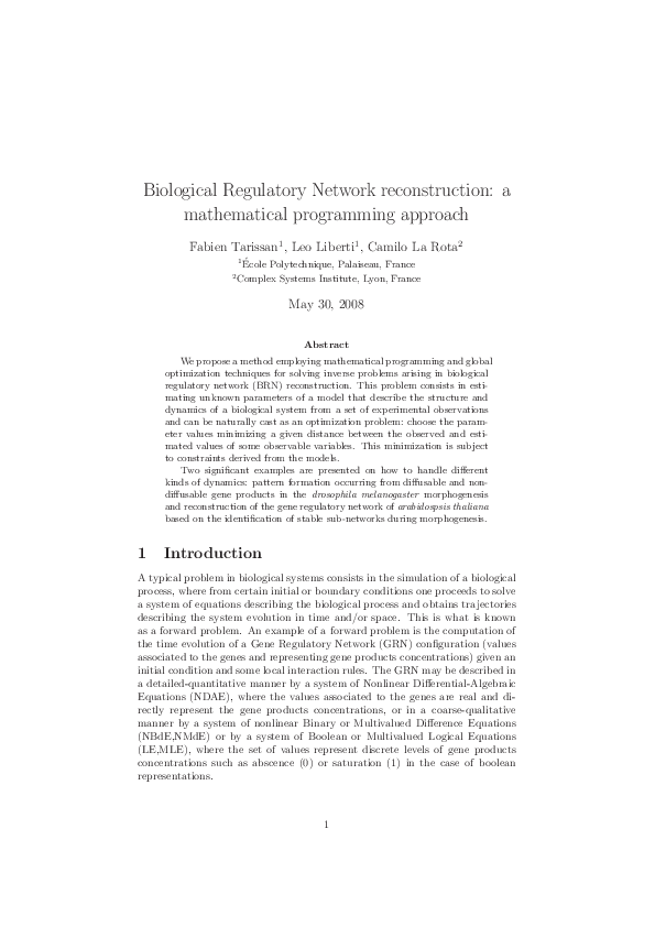 (PDF) Biological Regulatory Network reconstruction: a mathematical ... (PDF) Biological Regulatory Network reconstruction: a mathematical ...