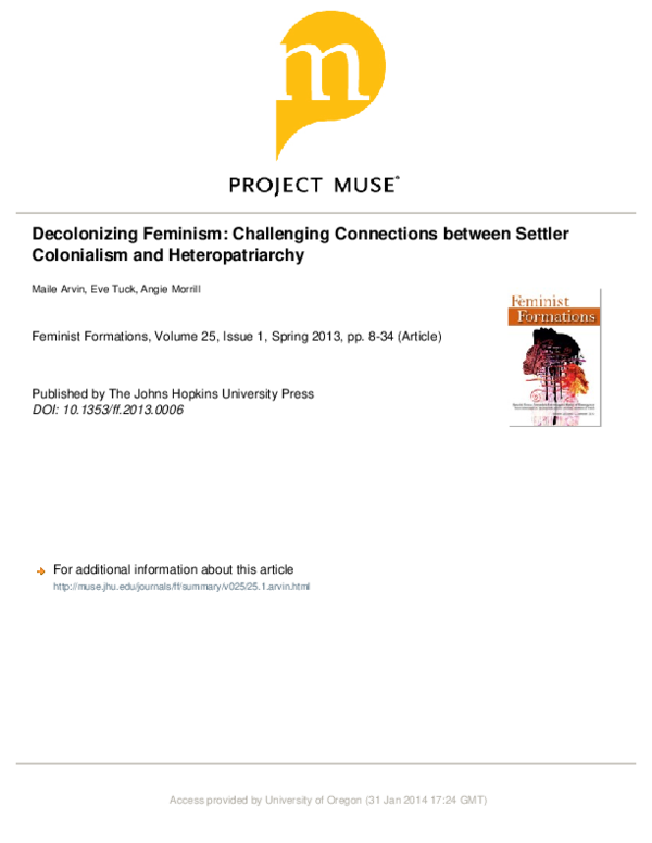 (PDF) Decolonizing Feminism: Challenging Connections between Settler ...