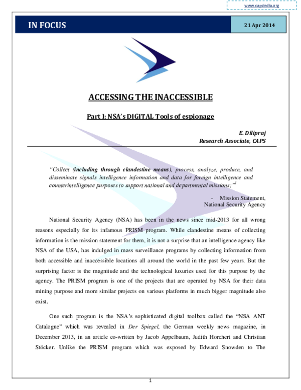 (PDF) ACCESSING THE INACCESSIBLE (I): NSA'S DIGITAL TOOLS OF ESPIONAGE