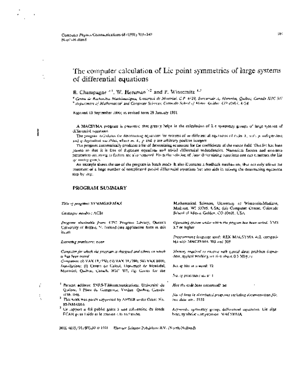 Pdf The Computer Calculation Of Lie Point Symmetries Of Large Systems Of Differential Equations