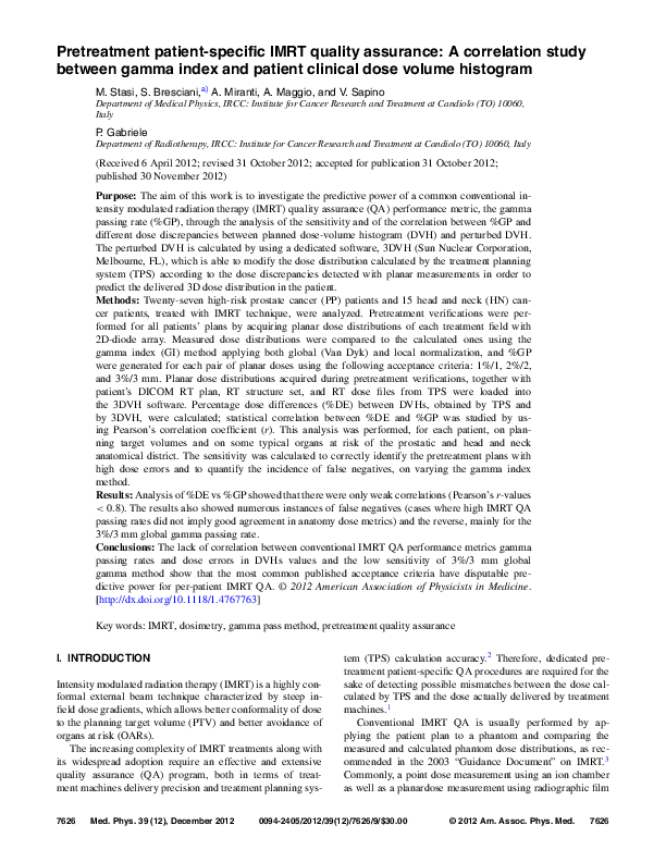 (PDF) Pretreatment patient-specific IMRT quality assurance: a correlation study between gamma ...