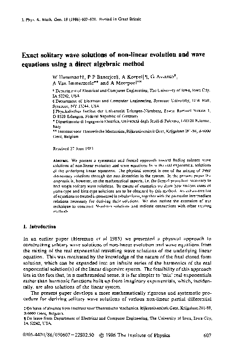 Pdf Exact Solitary Wave Solutions Of Non Linear Evolution And Wave Equations Using A Direct