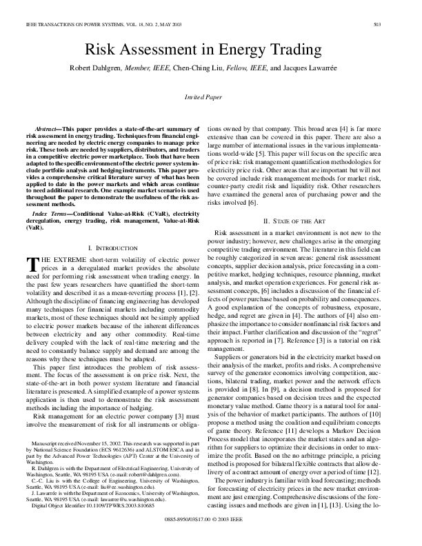 (PDF) Risk Assessment in Energy Trading