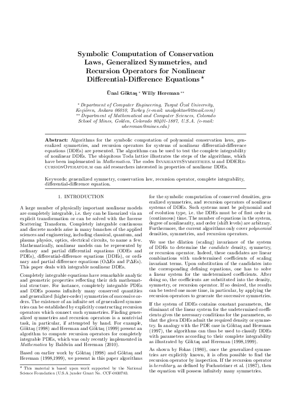 Pdf Symbolic Computation Of Conservation Laws Generalized Symmetries And Recursion Operators