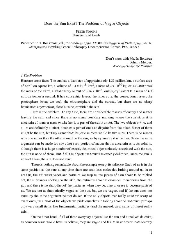 (PDF) Does the Sun Exist? The Problem of Vague Objects