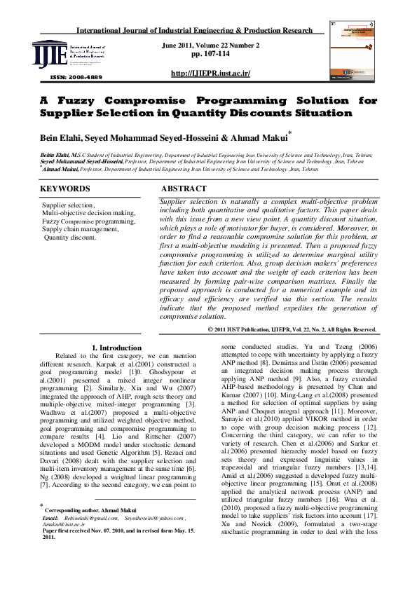 (PDF) A Fuzzy Compromise Programming Solution for Supplier Selection in Quantity Discounts Situation