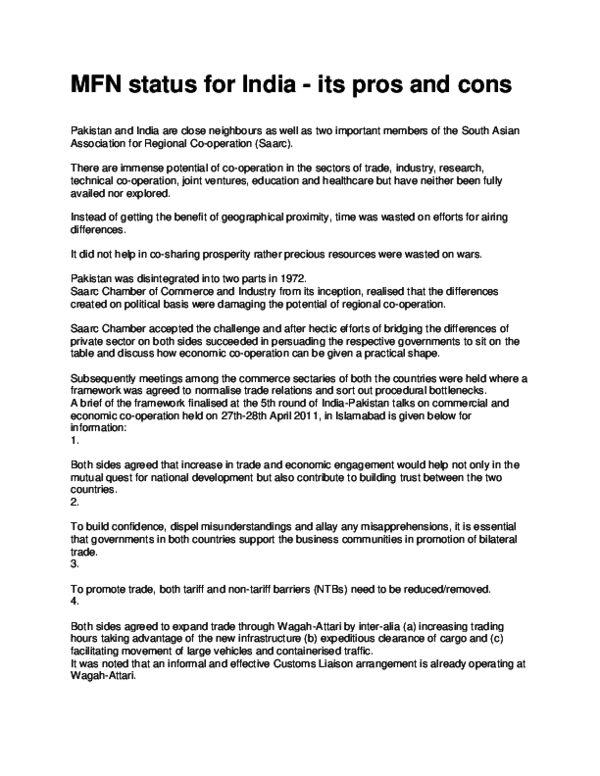 (DOC) MFN status for India -its pros and cons