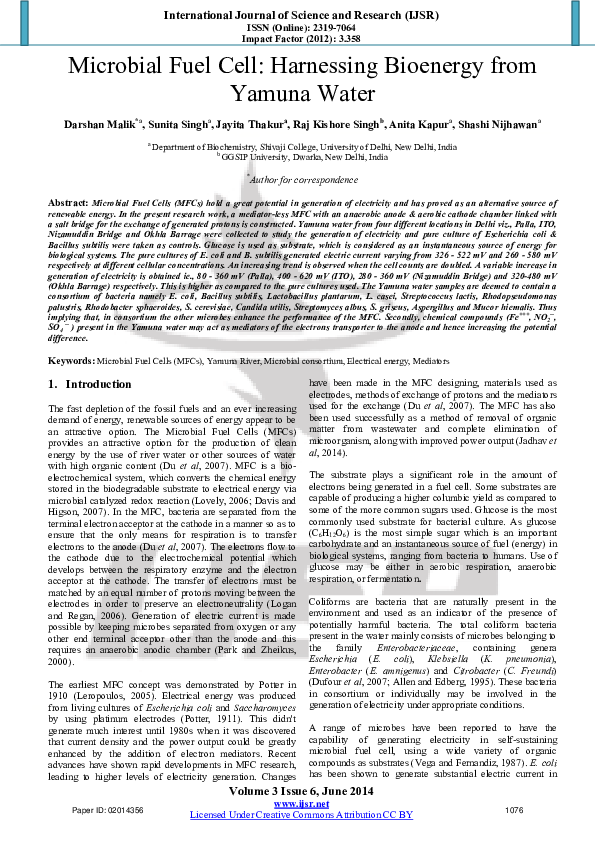 (PDF) Microbial Fuel Cell: Harnessing Bioenergy from Yamuna Water