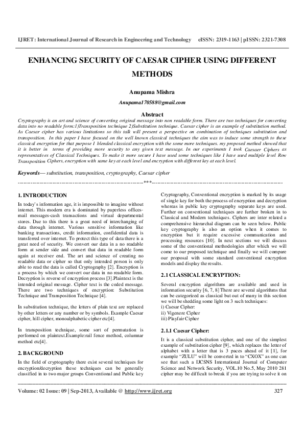 (PDF) ENHANCING SECURITY OF CAESAR CIPHER USING DIFFERENT