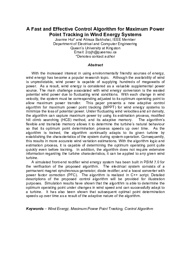 (PDF) A Fast and Effective Control Algorithm for Maximum Power Point Tracking in Wind Energy Systems