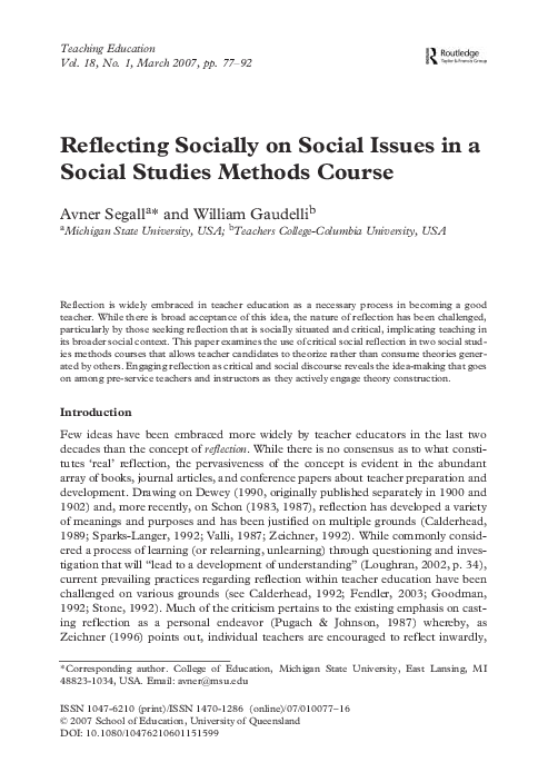 Reflecting socally on social issues in a social studies methods course