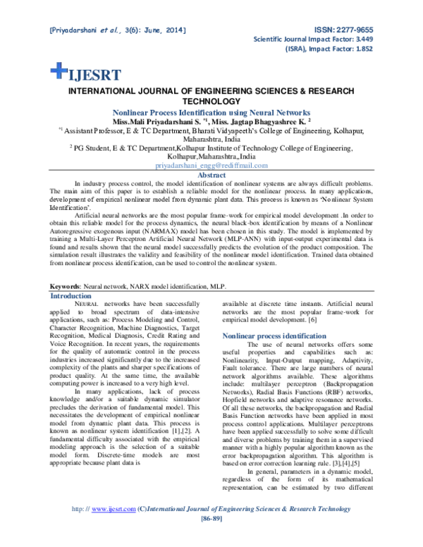 Pdf Nonlinear Process Identification Using Neural Networks