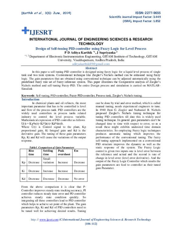 Pdf Design Of Self Tuning Pid Controller Using Fuzzy Logic For Level