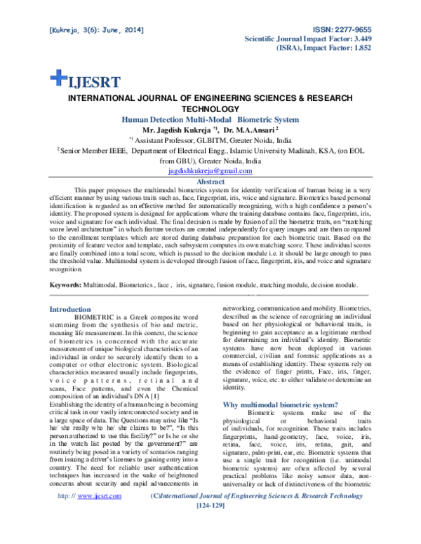 Pdf Human Detection Multi Modal Biometric System Ijesrt Journal