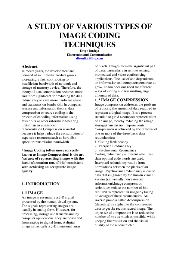 (PDF) A STUDY OF VARIOUS TYPES OF IMAGE CODING TECHNIQUES