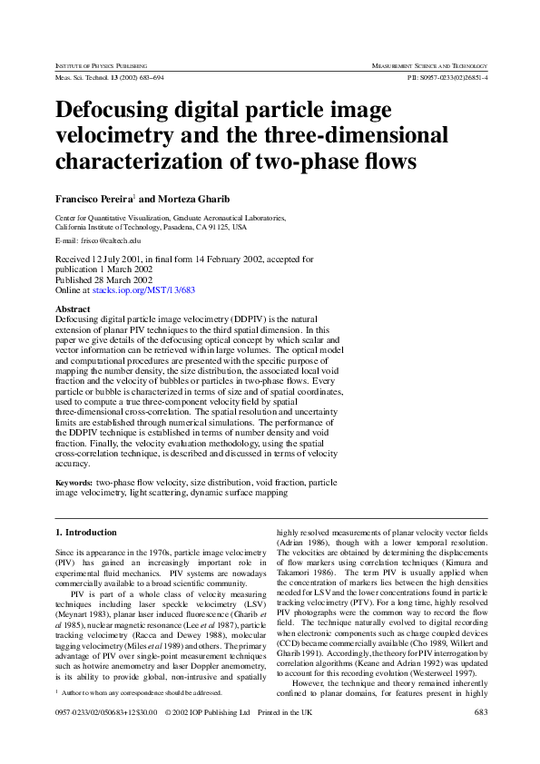 (PDF) Defocusing digital particle image velocimetry and the three-dimensional characterization ...