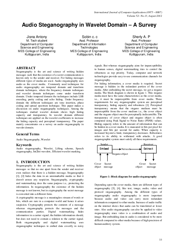 (PDF) Audio Steganography in Wavelet Domain – A Survey