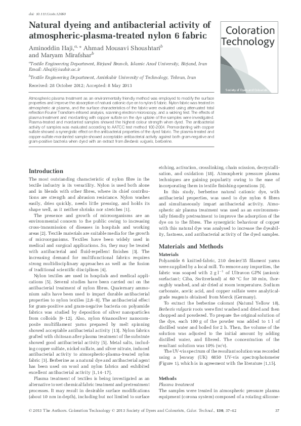 (PDF) Natural dyeing and antibacterial activity of atmospheric-plasma-treated nylon 6 fabric