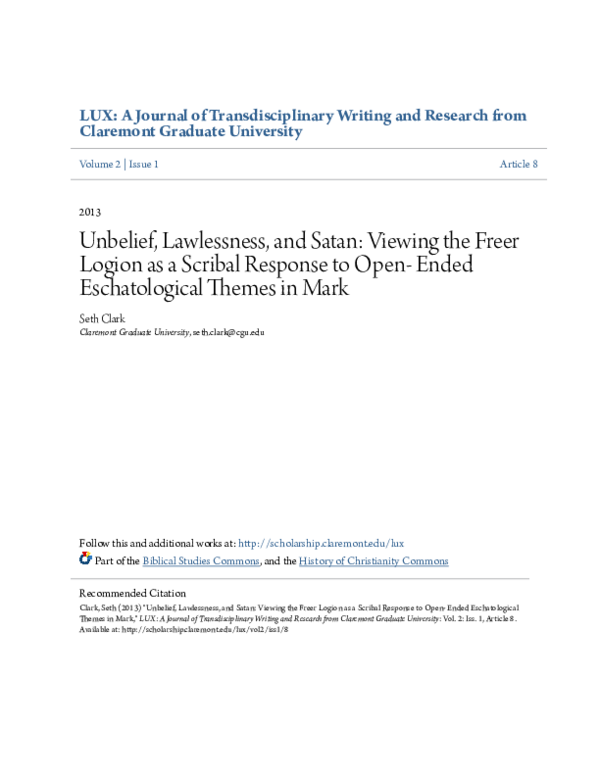 (PDF) Unbelief, Lawlessness, and Satan: Viewing the Freer Logion as a ...