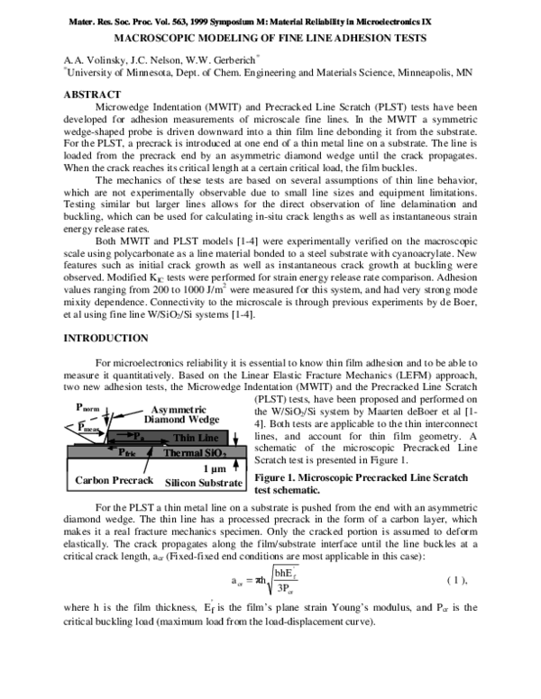 MACROSCOPIC MODELING OF FINE LINE ADHESION TESTS