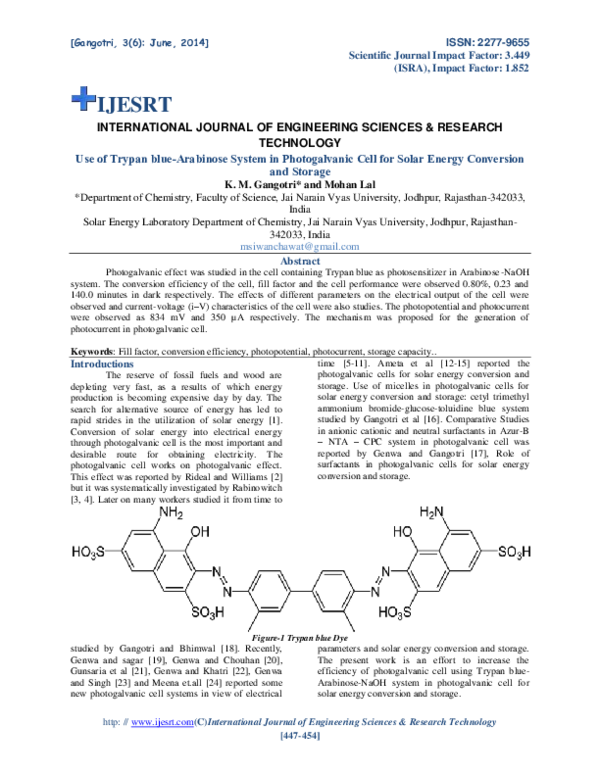 (PDF) Use of Trypan blue-Arabinose System in Photogalvanic Cell for ...