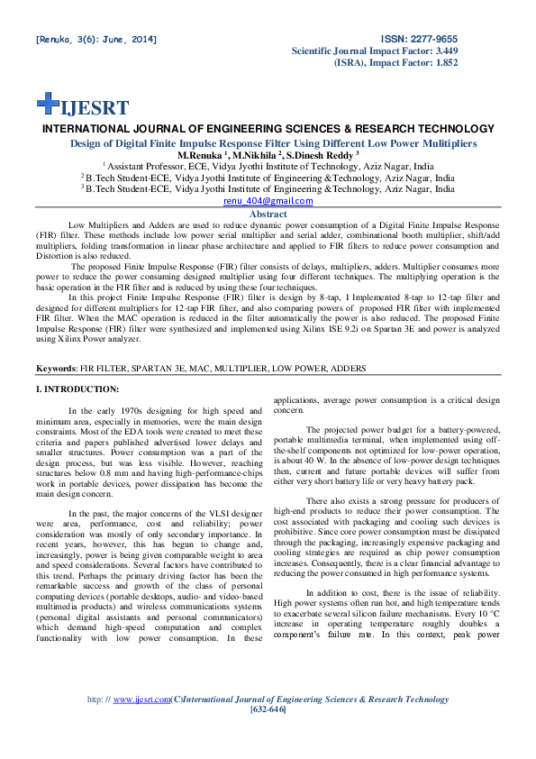 (PDF) Design of Digital Finite Impulse Response Filter Using Different Low Power Mulitipliers ...