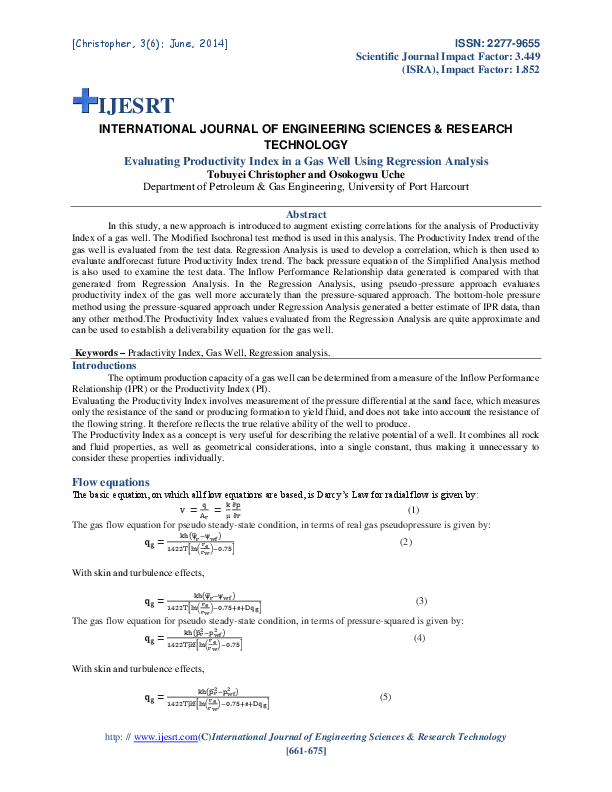 Pdf Evaluating Productivity Index In A Gas Well Using Regression Analysis