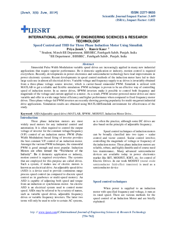 Pdf Speed Control And Thd For Three Phase Induction Motor Using