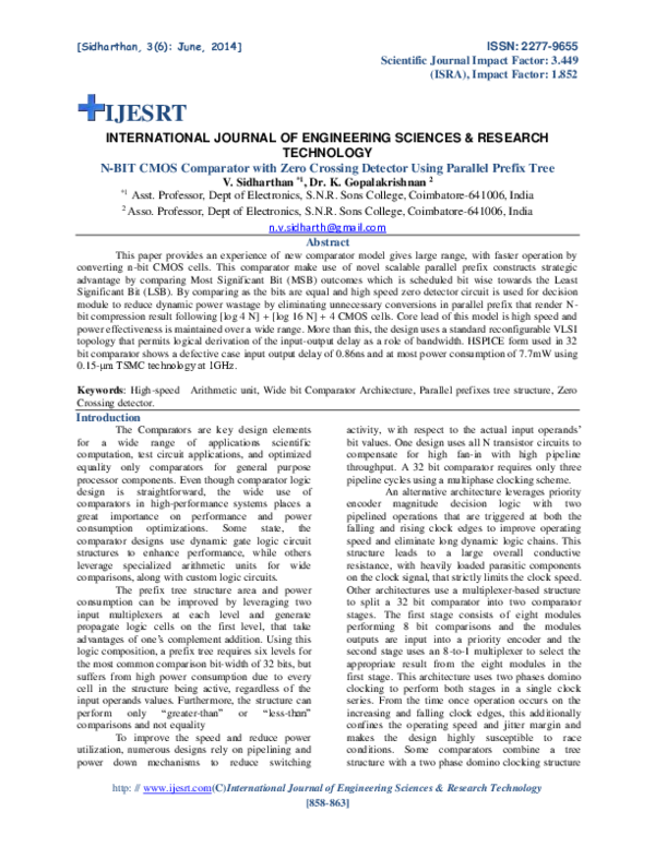Pdf N Bit Cmos Comparator With Zero Crossing Detector Using Parallel