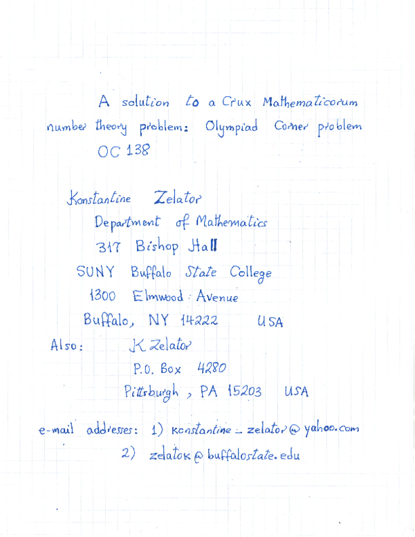 (PDF) A solution to a Crux Mathematicorum number theory problem: Olympiad Corner problem OC138