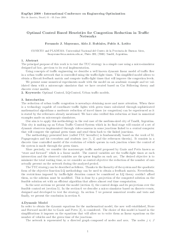 Pdf Optimal Control Based Heuristics For Congestion Reduction In Traffic Networks