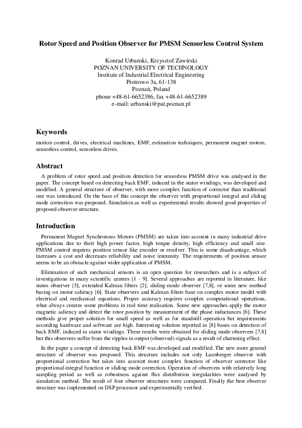Rotor Speed And Position Observer For Pmsm Sensorless Control System