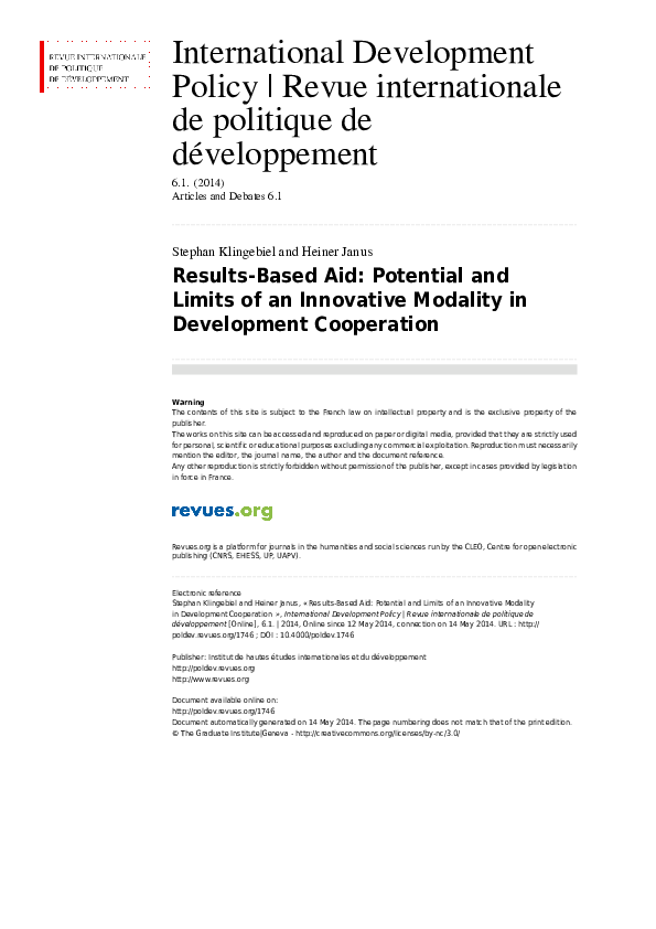 (PDF) Results-based aid: potential and limits of an innovative modality in development cooperation