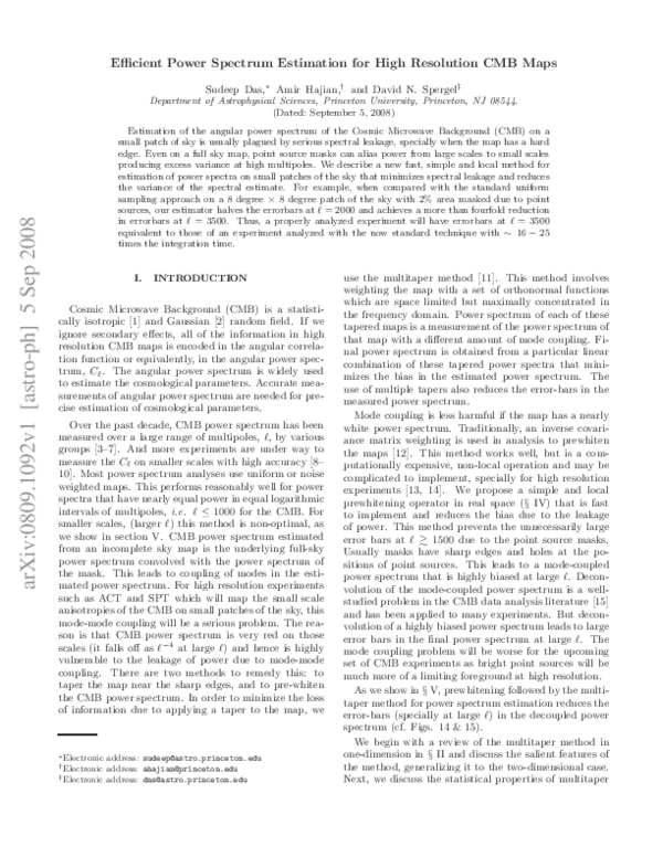 (PDF) Efficient power spectrum estimation for high resolution CMB maps