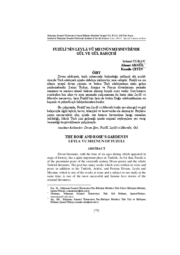 Fuzûlî'nin Leylâ vü Mecnûn Mesnevisinde Gül ve Gül Bahçesi / The Rose ...