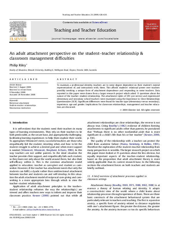 (PDF) An adult attachment perspective on the student–teacher relationship & classroom management ...