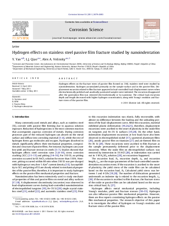 (PDF) Hydrogen Effects on Stainless Steel Passive Film Fracture Studied ...