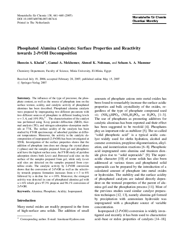(PDF) Phosphated Alumina Catalysts Surface Properties and Reactivity