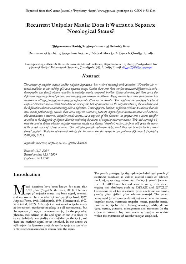 (PDF) Recurrent Unipolar Mania: Does it Warrant a Separate Nosological ...
