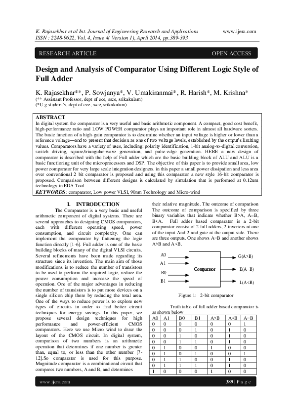 Pdf Design And Analysis Of Comparator Using Different Logic Style Of