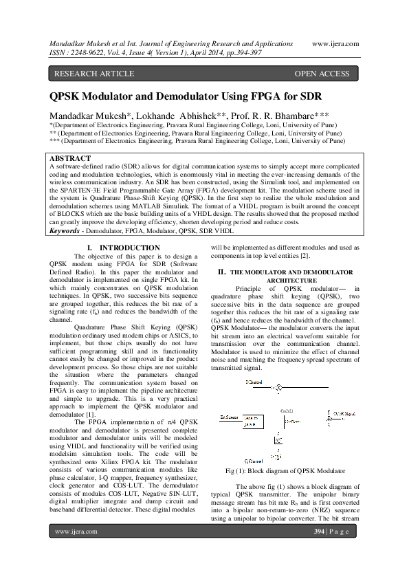 Pdf Qpsk Modulator And Demodulator Using Fpga For Sdr