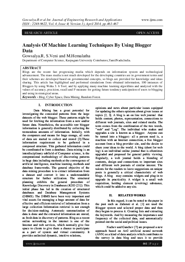 (PDF) Analysis Of Machine Learning Techniques By Using Blogger Data