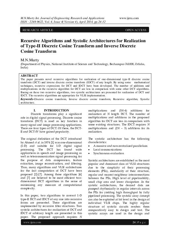 Pdf Recursive Algorithms And Systolic Architectures For Realization Of Type Ii Discrete Cosine