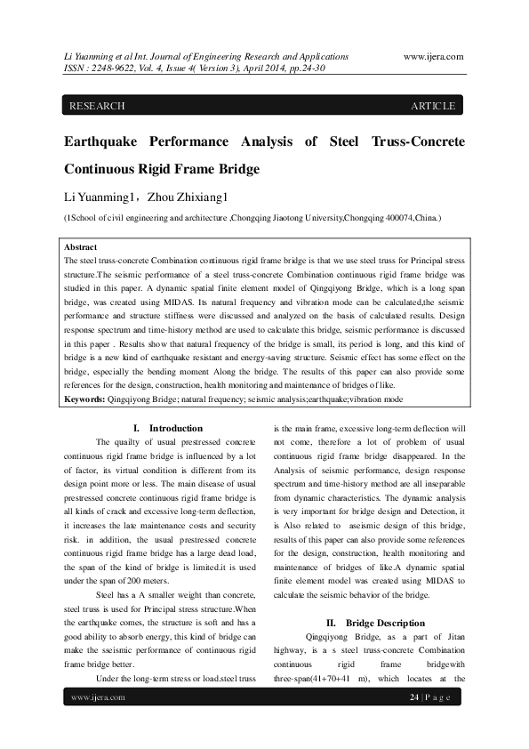 (PDF) Earthquake Performance Analysis of Steel Truss-Concrete Continuous Rigid Frame Bridge