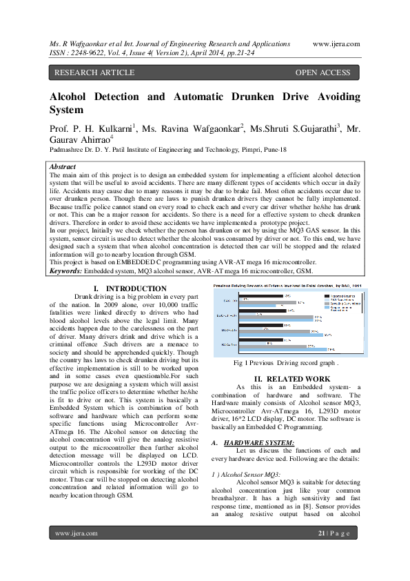 Alcohol Detection And Automatic Drunken Drive Avoiding System