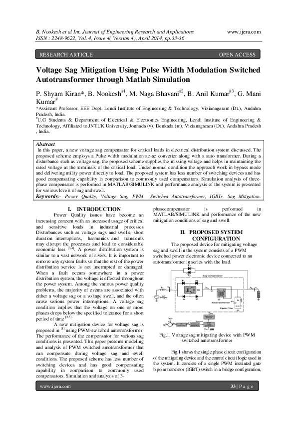 Pdf Voltage Sag Mitigation Using Pulse Width Modulation Switched