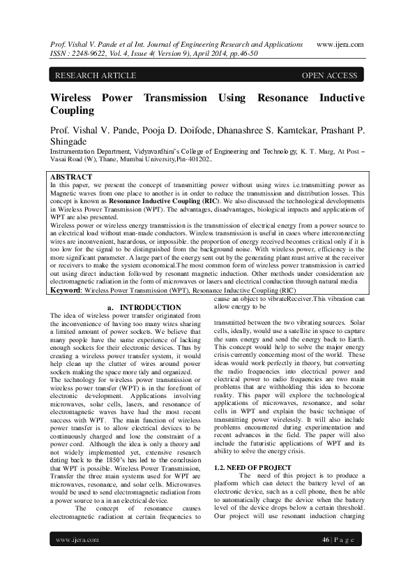 Pdf Wireless Power Transmission Using Resonance Inductive Coupling