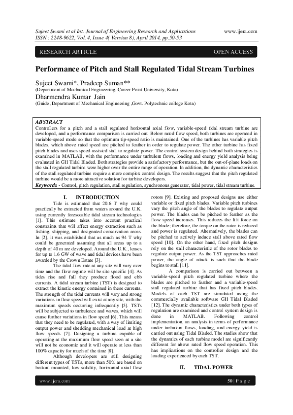 (PDF) Performance of Pitch and Stall Regulated Tidal Stream Turbines