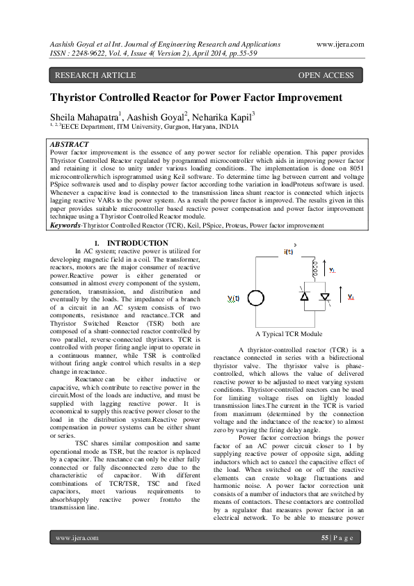 (PDF) Thyristor Controlled Reactor for Power Factor Improvement